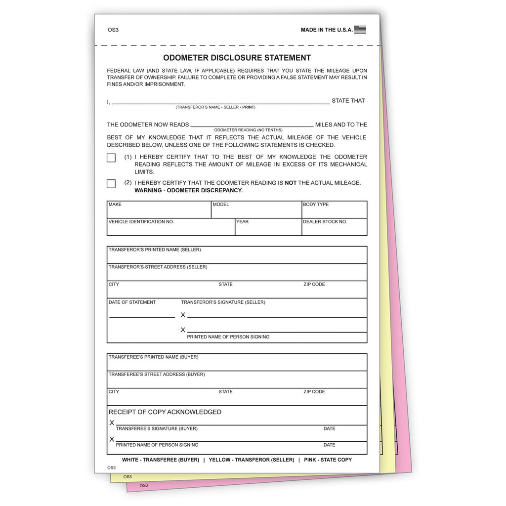 3-Part Auto Dealer Odometer Disclosure Statements Forms (Package of 10